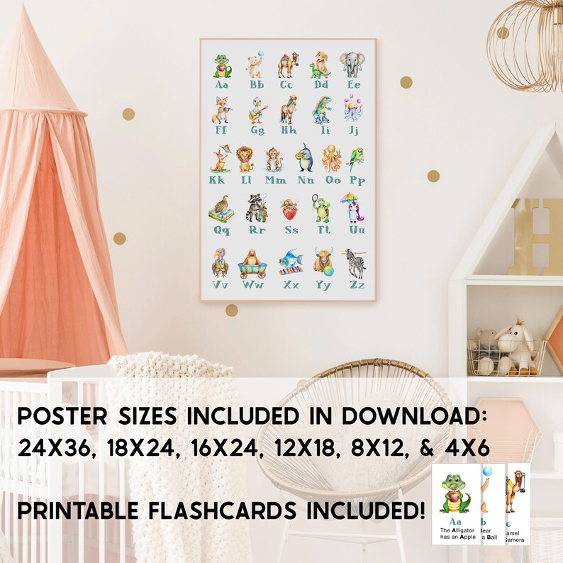 Watercolor Animal Alphabet Poster and Flashcards Nursery Wall - Etsy