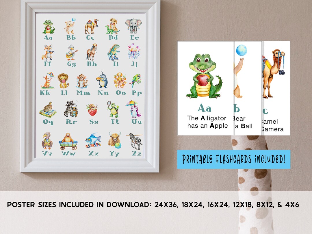 Watercolor Animal Alphabet Poster and Flashcards, Nursery Wall Art ...