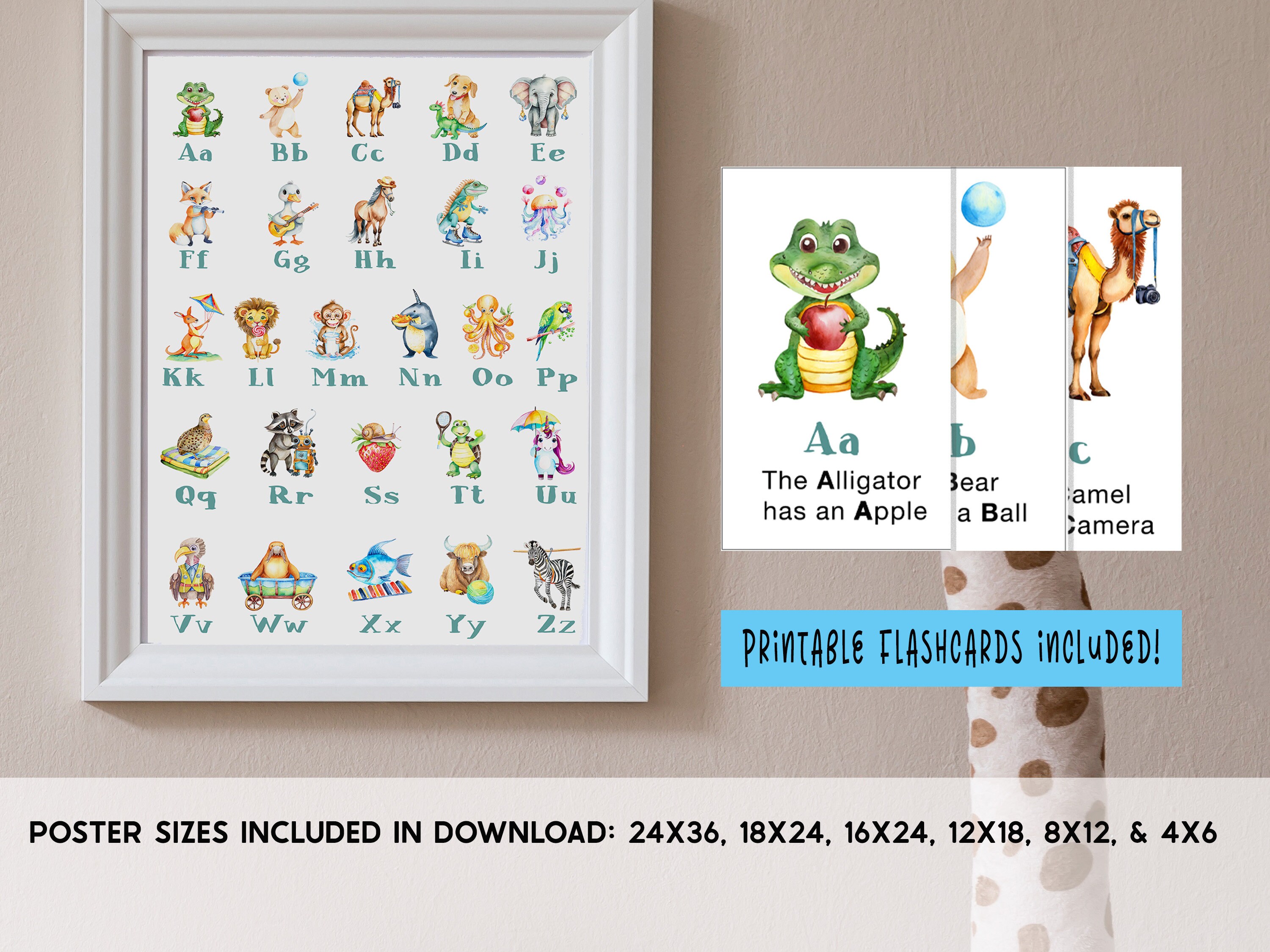 Watercolor Animal Alphabet Poster and Flashcards Nursery Wall - Etsy
