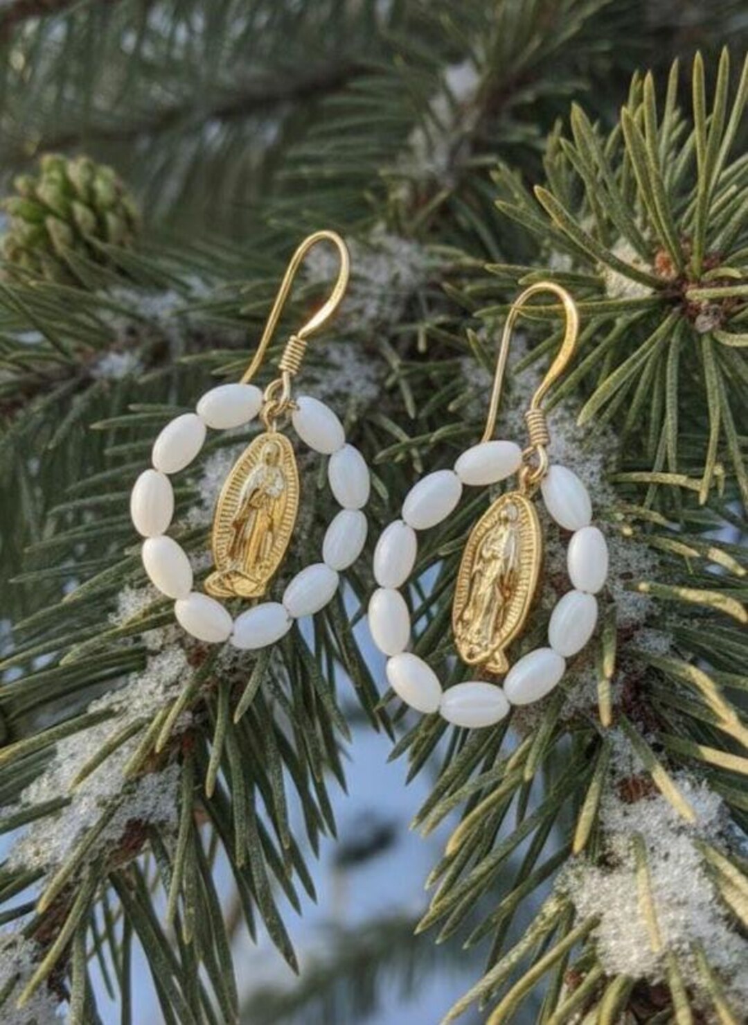 Gold Our Lady of Guadalupe Earrings, Mother of Pearl Hoop Earrings ...