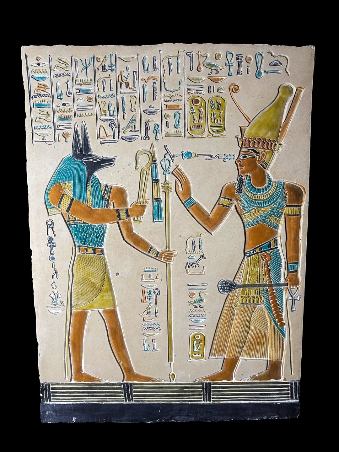 Hand Carved Egyptian Wall Relief: God Anubis and King - Etsy