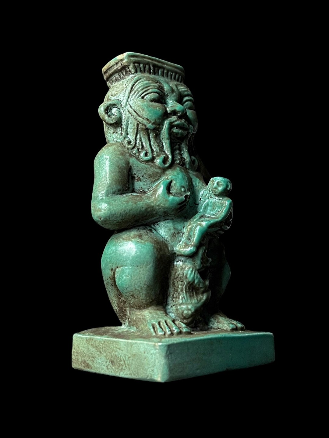 Hand-carved God Bes Statue Holding Horus & Thoth: Egyptian Decor - Etsy
