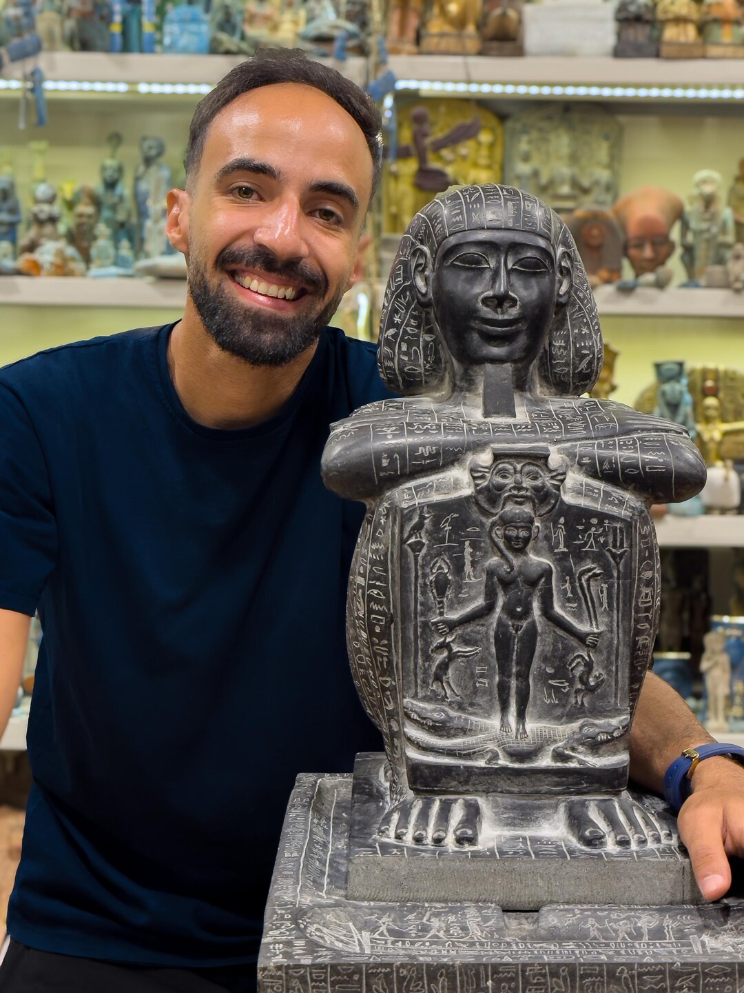 Basalt Djedher Block Statue: Egyptian Priest Holding Horus Stela ...