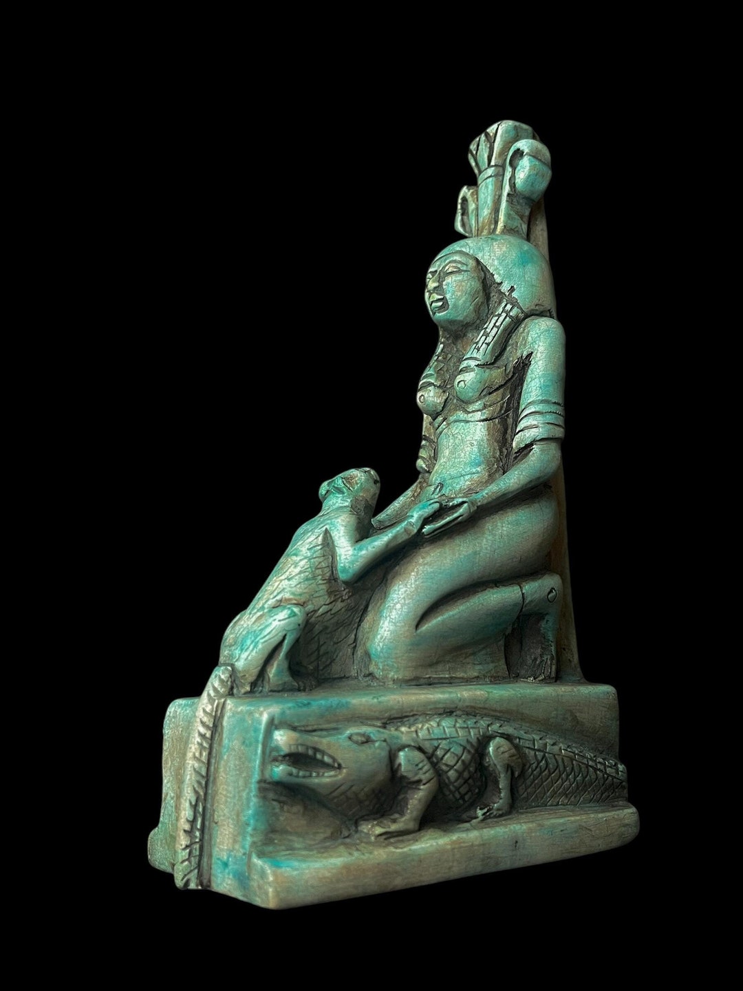 Egyptian Goddess With Leopard and God Sobek Statue in a Magical Scene ...