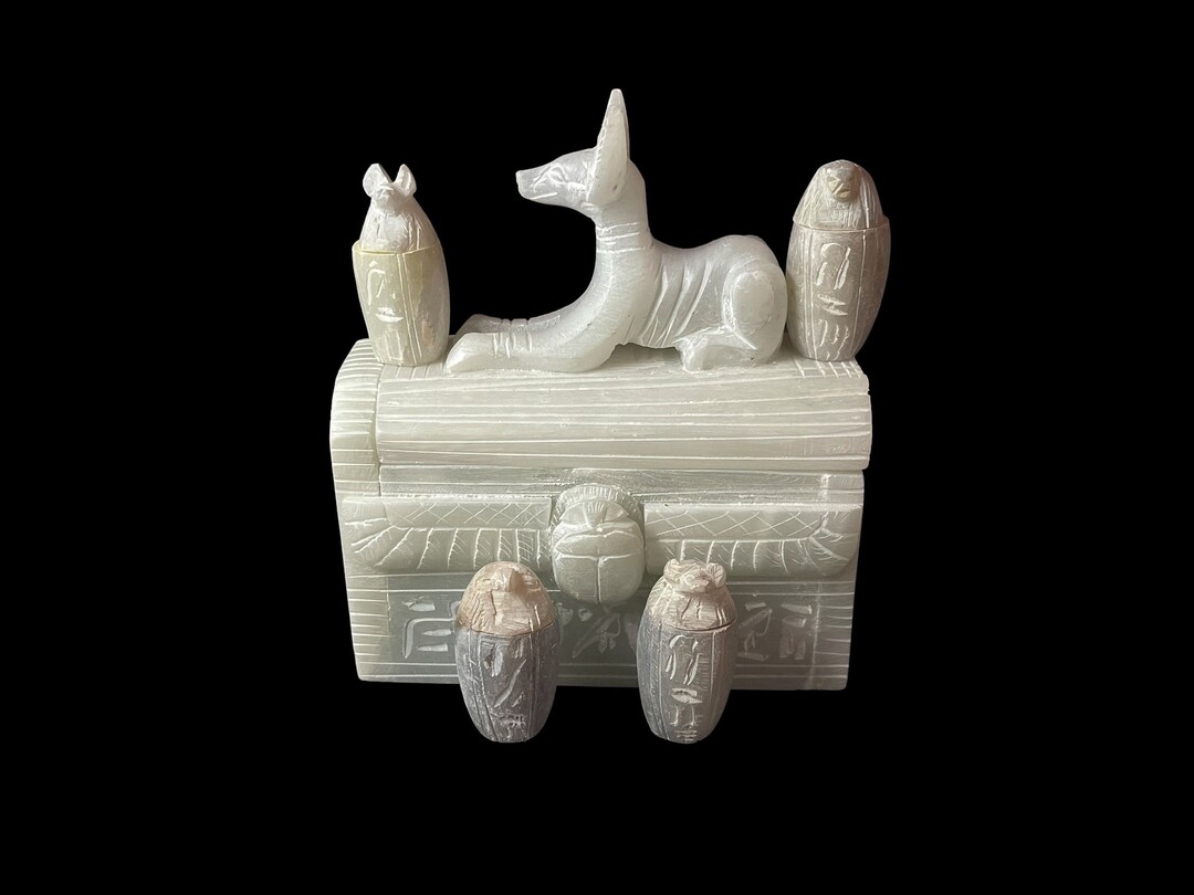 Egyptian God Anubis Box With Canopic Jars Figures and Winged Beetle ...