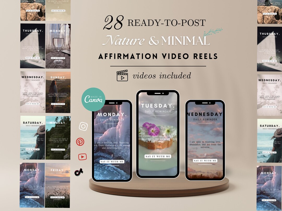 28 Mindful Affirmation Video Reel, Instagram Video Reel Template, Canva Template, Social Media ...