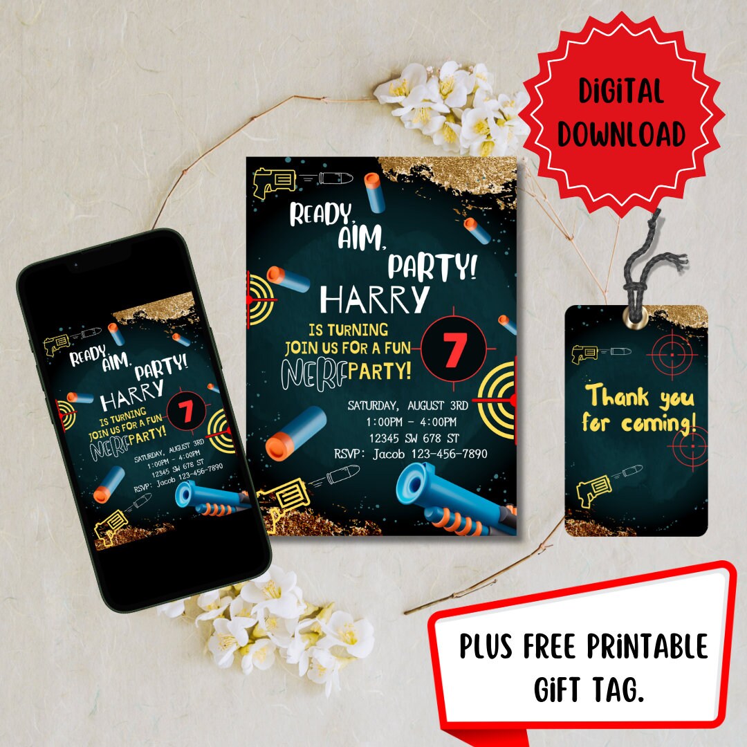 Dart Gun Invitation Editable Template, Dart Gun Birthday Invitation ...
