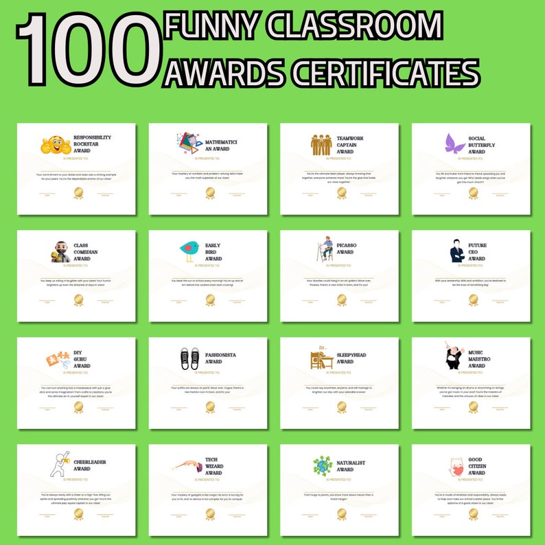 Funny Classroom Awards Certificates Editable in Canva, End of School ...