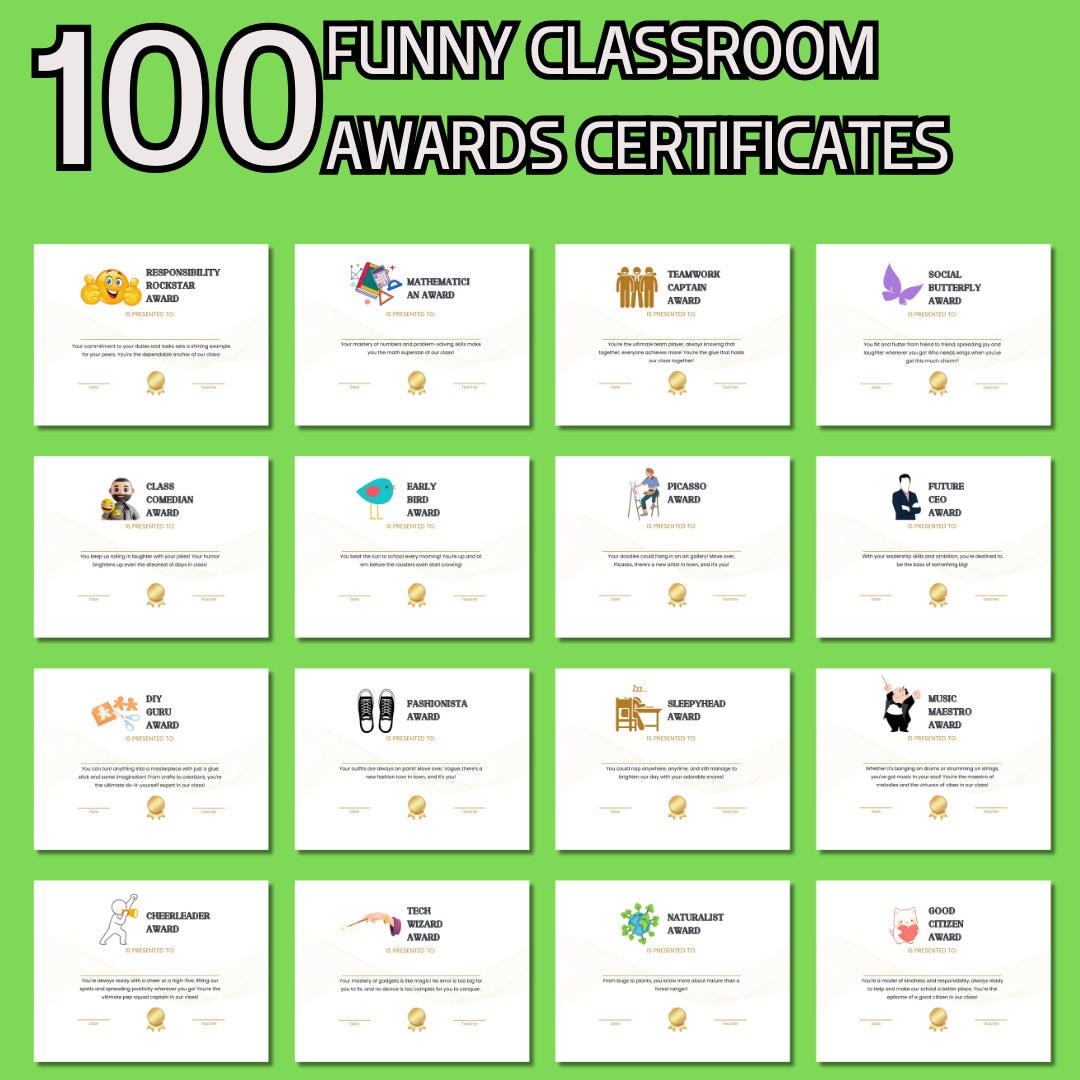 Funny Classroom Awards Certificates Editable in Canva, End of School ...