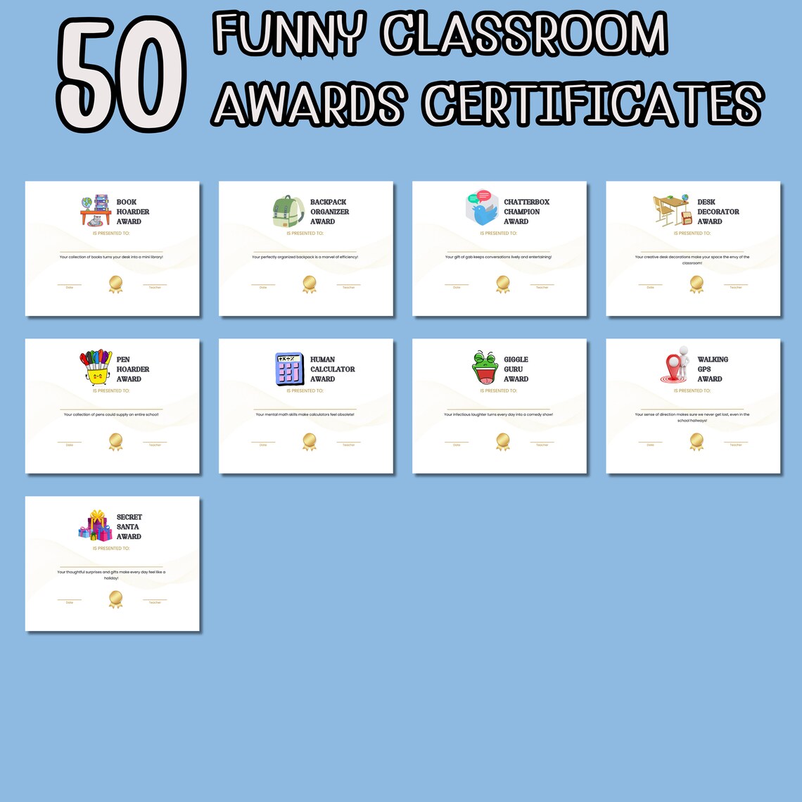 Funny Classroom Awards Certificates Editable in Canva, End of School ...