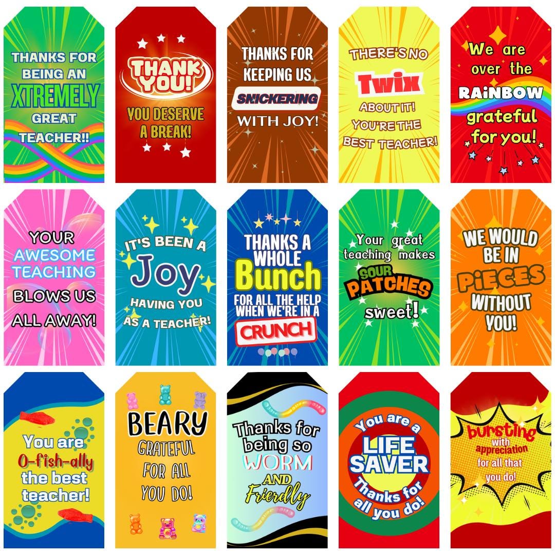 Teacher Appreciation Candy Gift Tags: Printable Thank You Notes ...