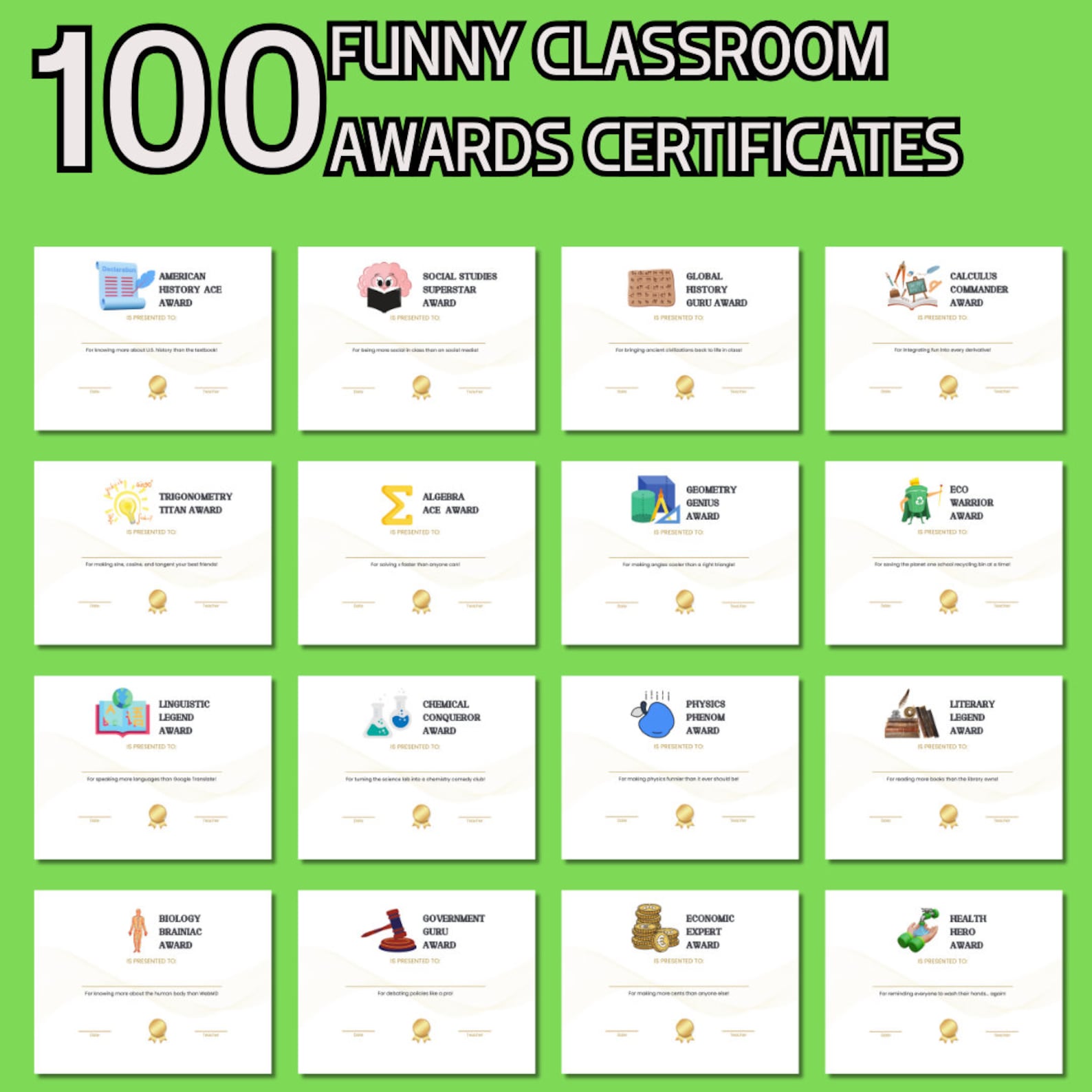 Funny Classroom Awards Certificates Editable in Canva, End of School ...