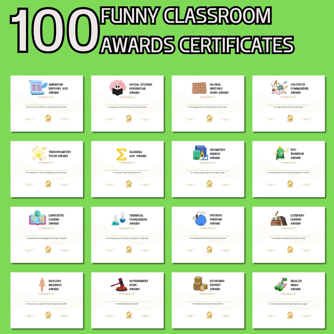 Funny Classroom Awards Certificates Editable in Canva, End of School ...