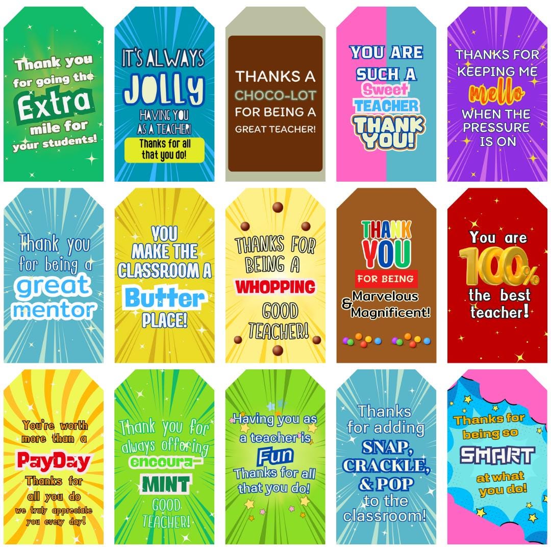Teacher Appreciation Candy Gift Tags: Printable Thank You Notes ...