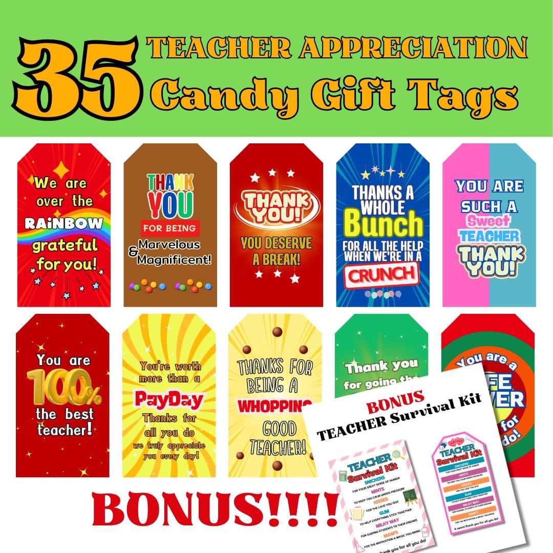 Teacher Appreciation Candy Gift Tags: Printable Thank You Notes ...
