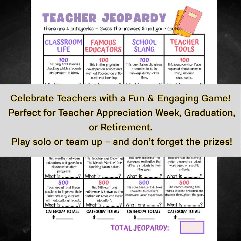 Teacher Jeopardy Game – Fun Classroom Trivia Activity for Teacher ...