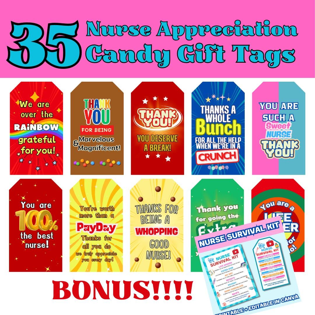 Nurse Appreciation Candy Bar Gift Tags, Thank You Nurse Gift Tag, Candy ...