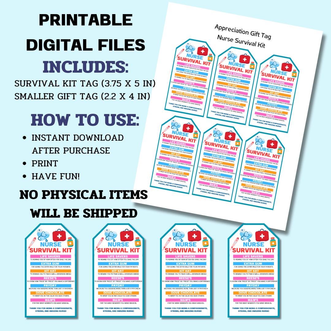 Nurse Survival Kit Gift Tag, Nurse Appreciation Gift Tag, Thank You ...
