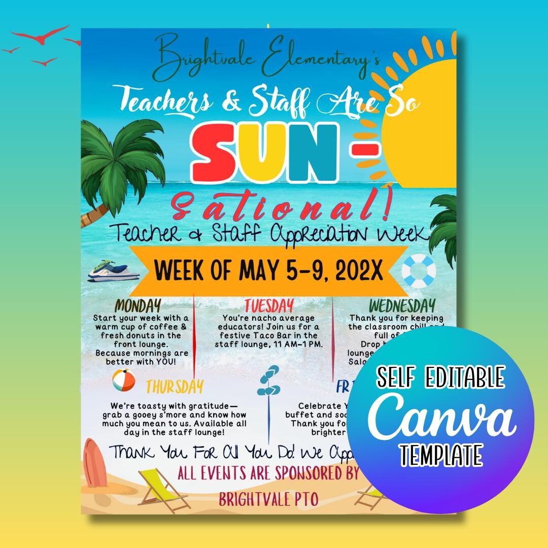 Editable Beach Theme Teacher & Staff Appreciation Flyer | Sunsational ...