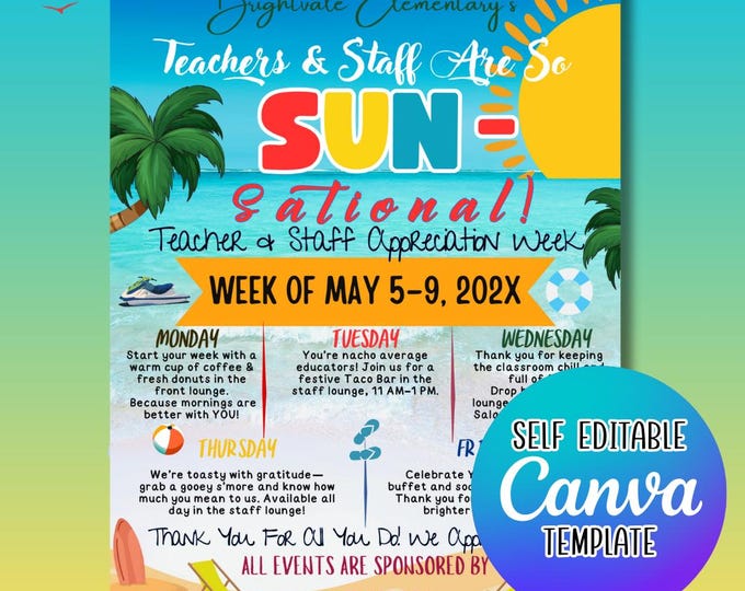Editable Beach Theme Teacher & Staff Appreciation Sunsational Itinerary ...