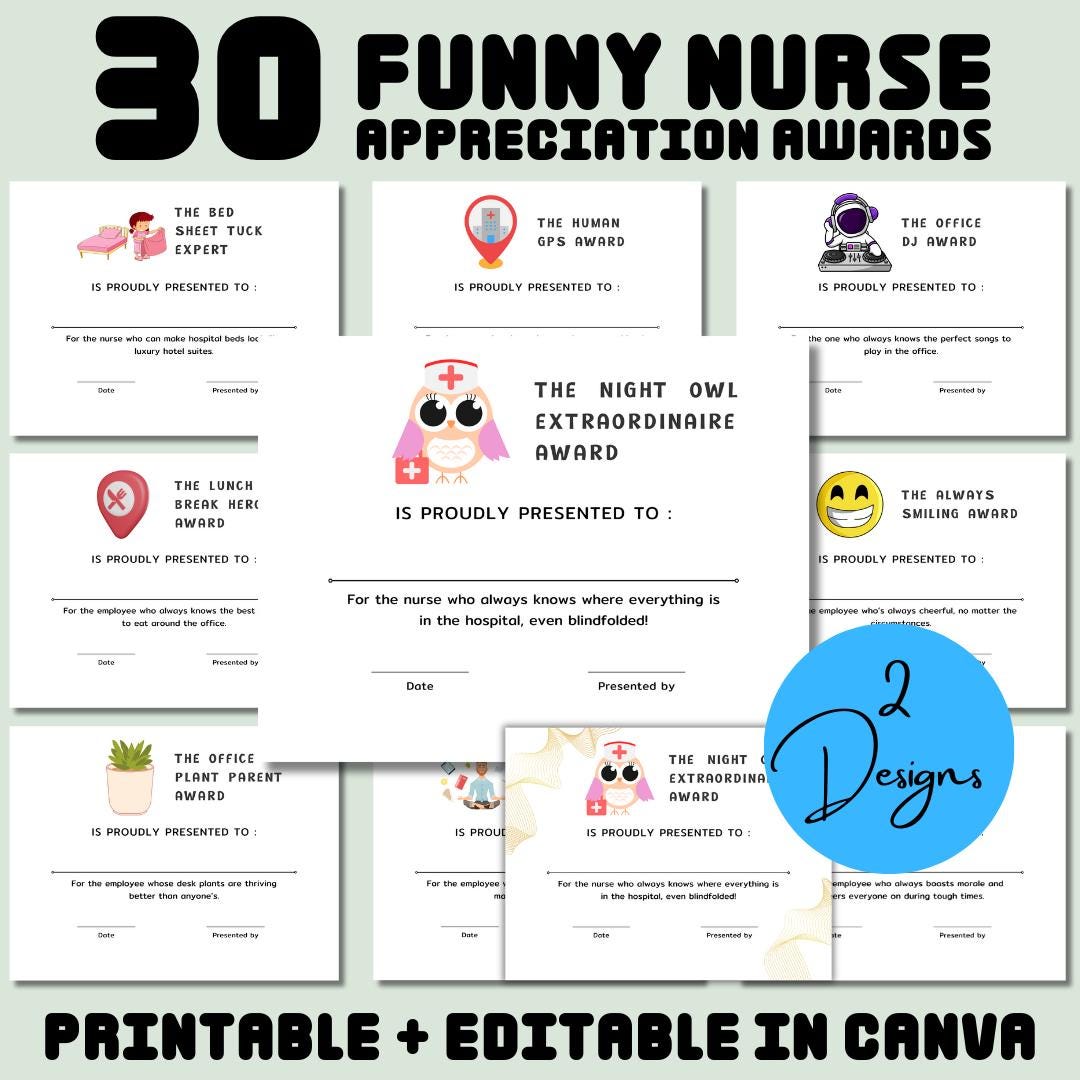 Funny Nurse Appreciation Awards 30 Printable Staff Recognition ...