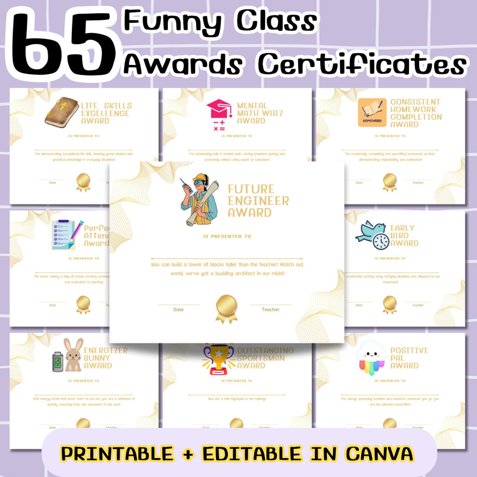 Funny Classroom Awards Certificates Editable in Canva, End of School ...