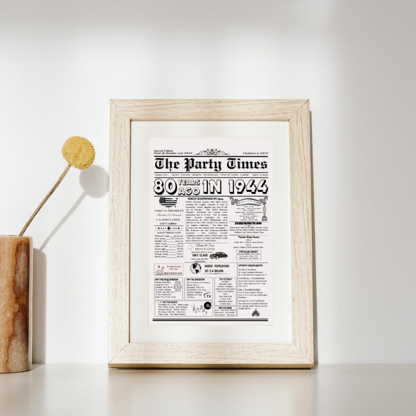 80th Birthday Newspaper Sign, 1944 Poster, 80 Years Ago Back in 1944 ...