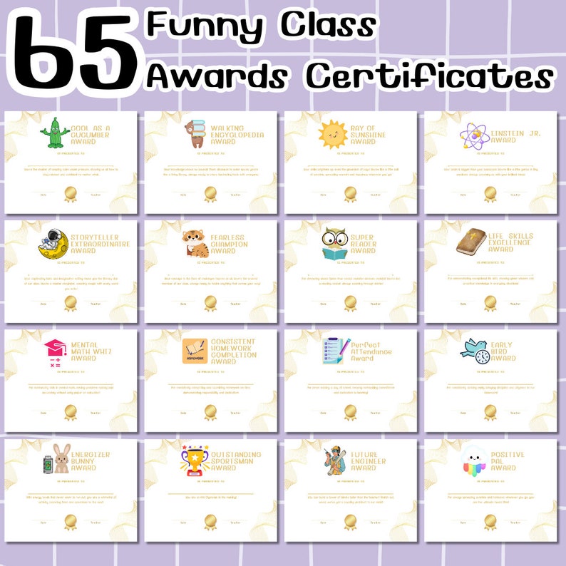 Funny Classroom Awards Certificates Editable in Canva, End of School ...