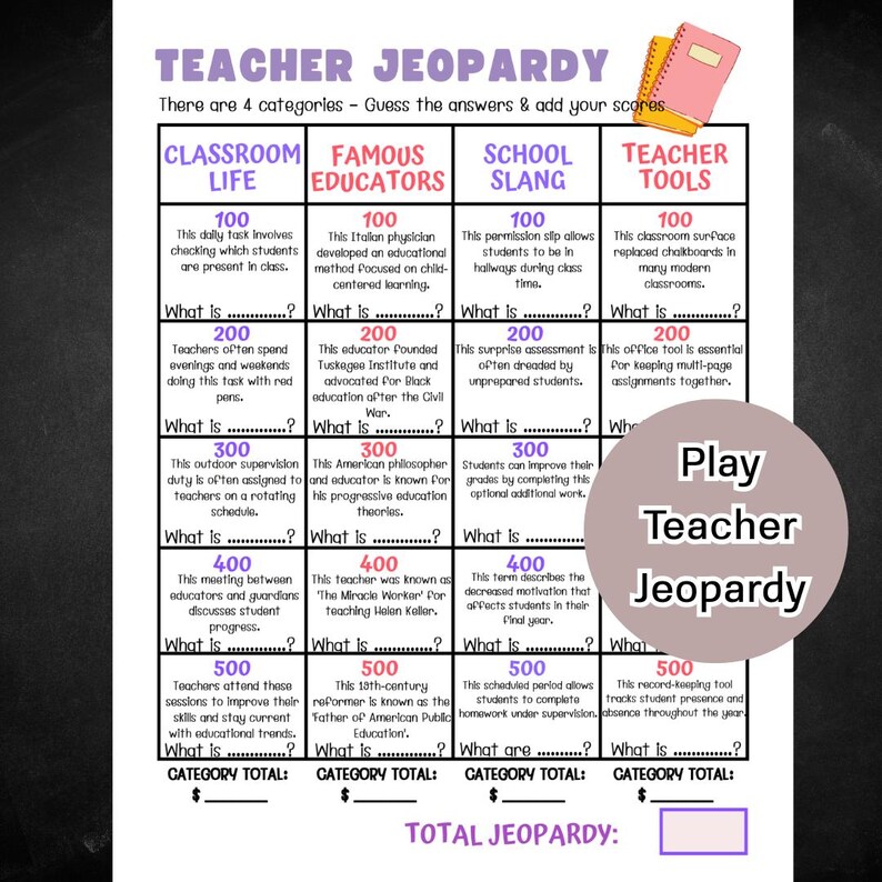 Teacher Jeopardy Game – Fun Classroom Trivia Activity for Teacher ...