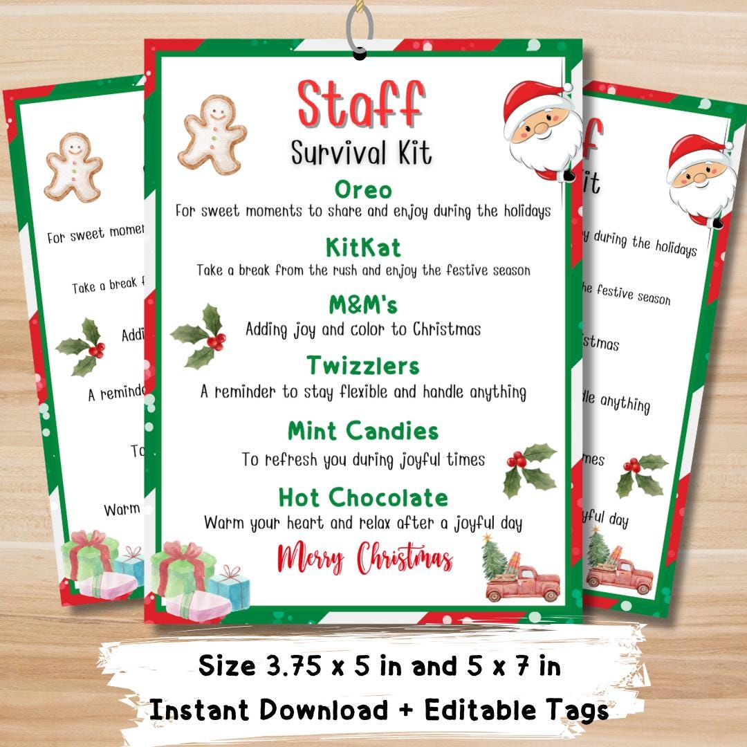 Staff Survival Kit Christmas Tag: Editable Candy Bar Poster (digital ...
