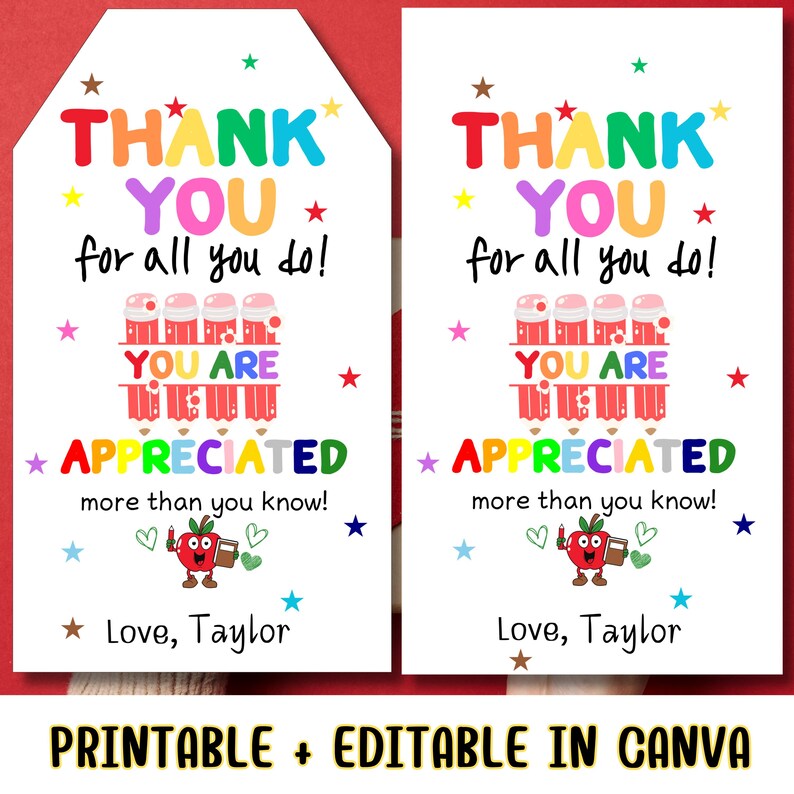 Editable Teacher Appreciation Week Gift Tags Thank You Teacher Gift Tag ...
