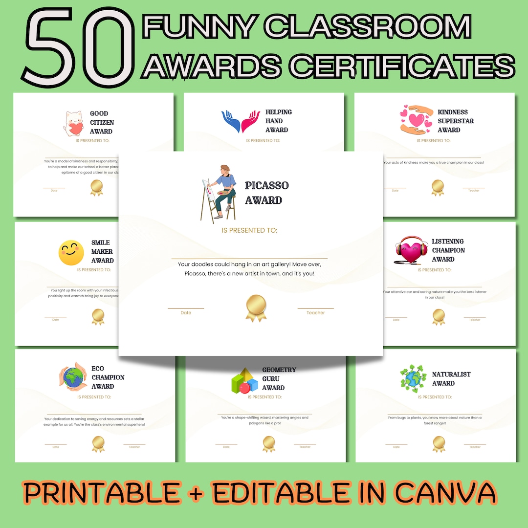 Funny Classroom Awards Certificates Editable in Canva, End of School ...