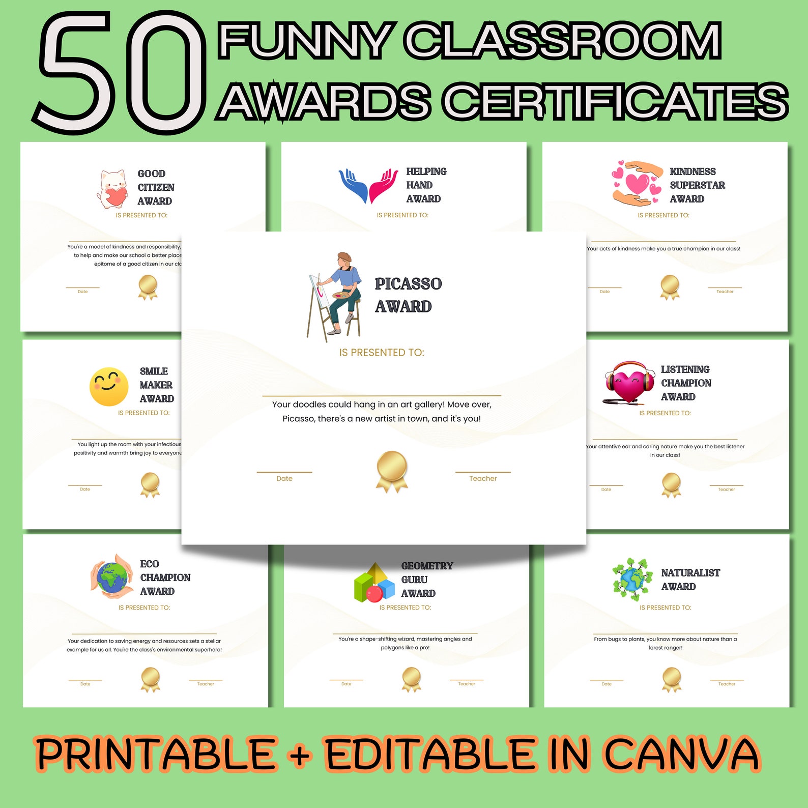 Funny Classroom Awards Certificates Editable in Canva, End of School ...