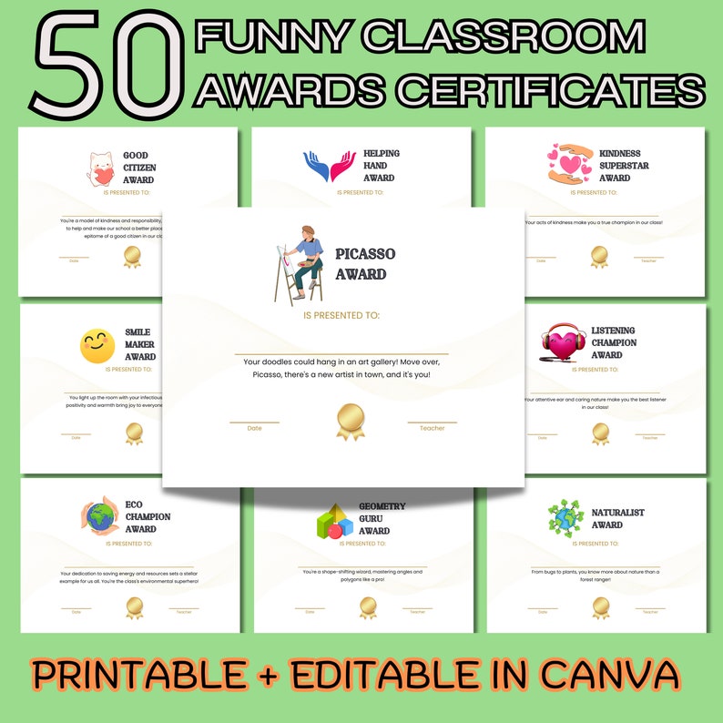 Funny Classroom Awards Certificates Editable in Canva, End of School ...