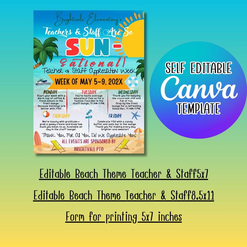 Editable Beach Theme Teacher & Staff Appreciation Flyer | Sunsational ...