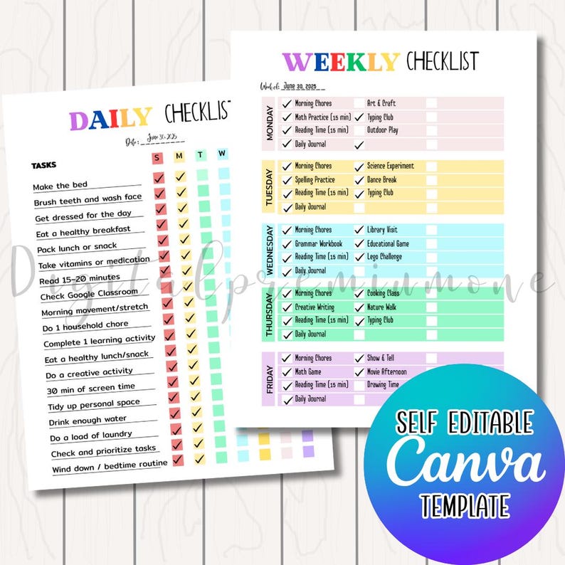 Editable Kids Checklist Set: Daily & Weekly Planner (canva Template ...