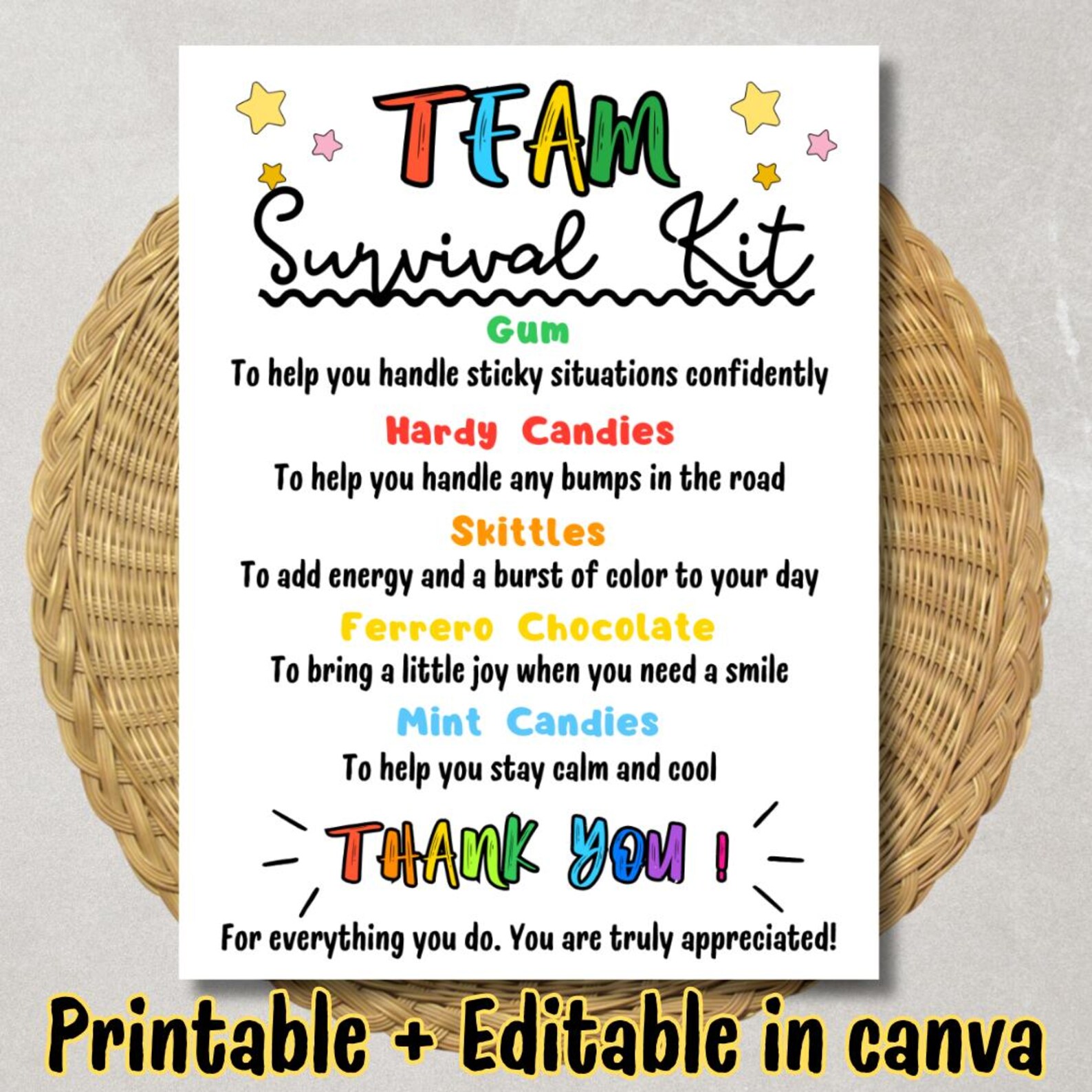 Team Survival Kit Gift Tags Printable Employee Welcome Gift Survival ...