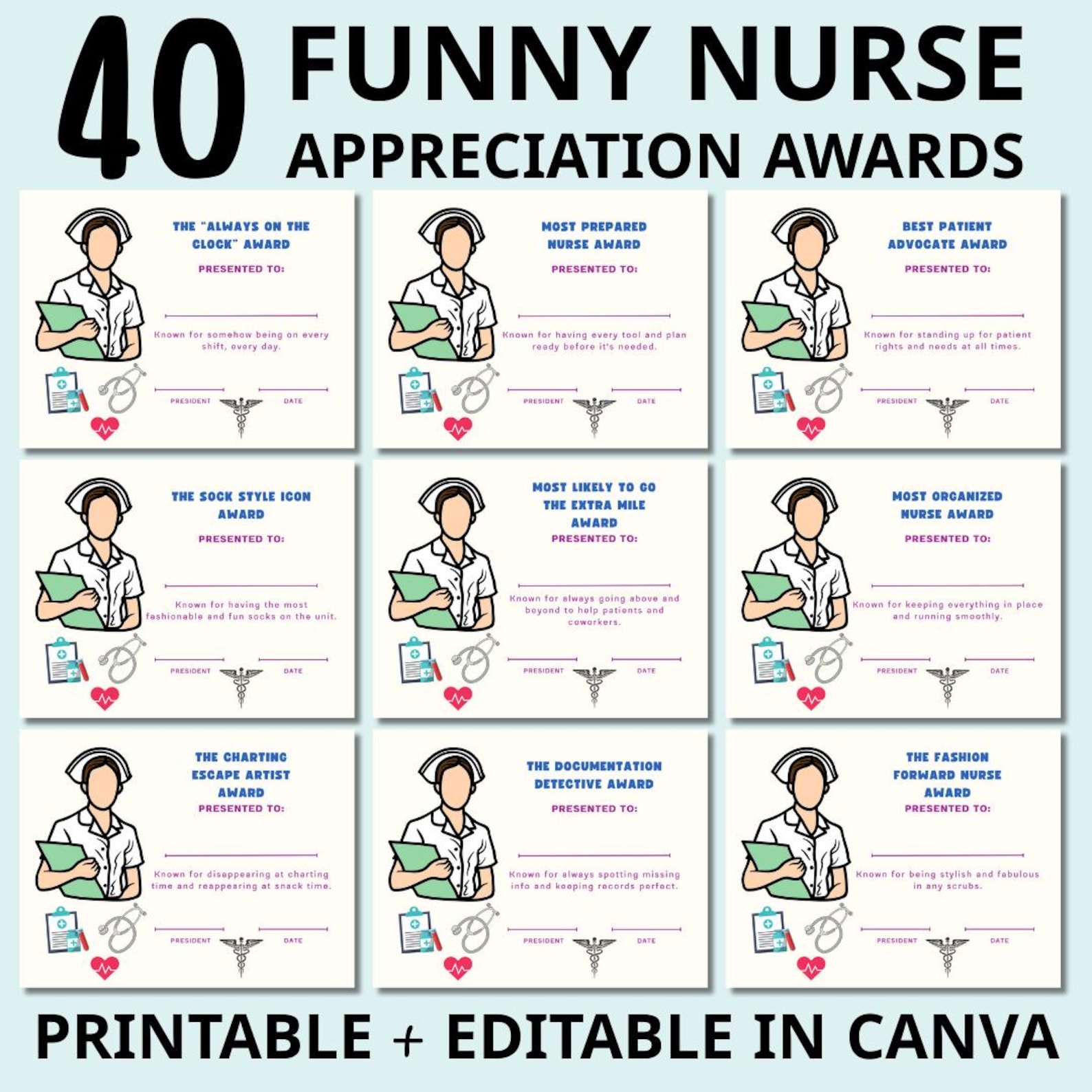 Funny Nurse Appreciation Awards: 40 Printable Certificates (editable ...