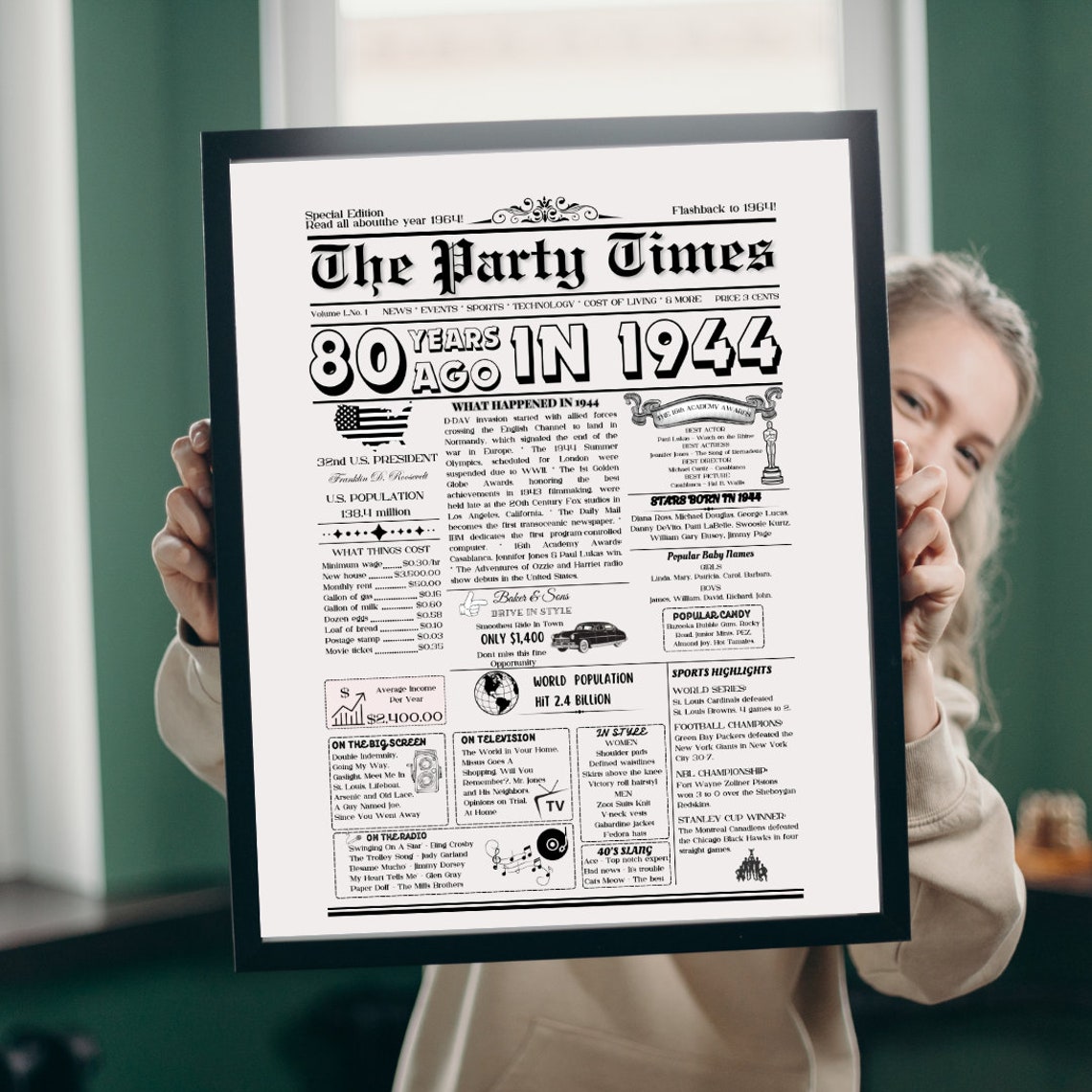 80th Birthday Newspaper Sign, 1944 Poster, 80 Years Ago Back in 1944 ...