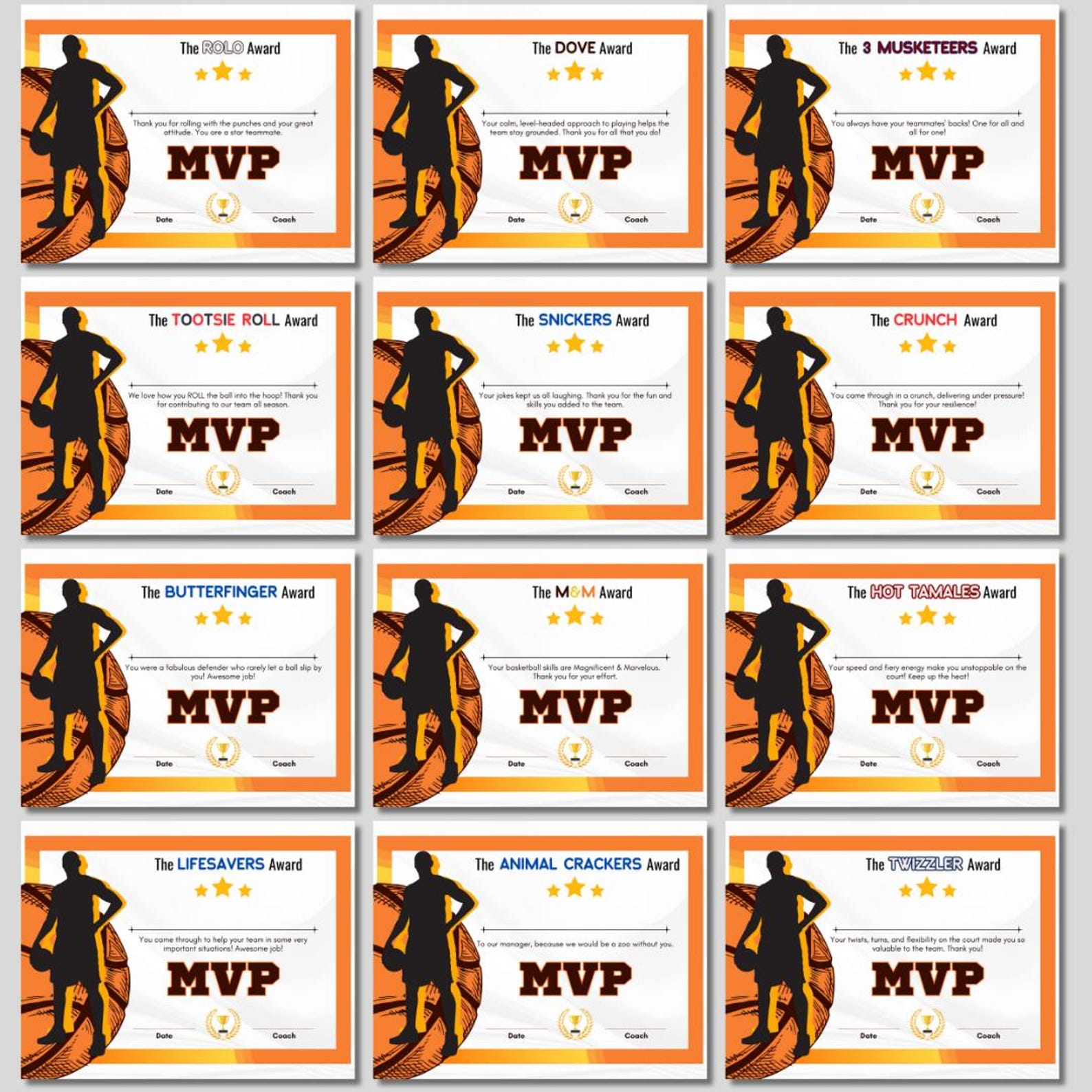 Basketball Candy Bar Awards: Team Recognition Certificates (digital ...