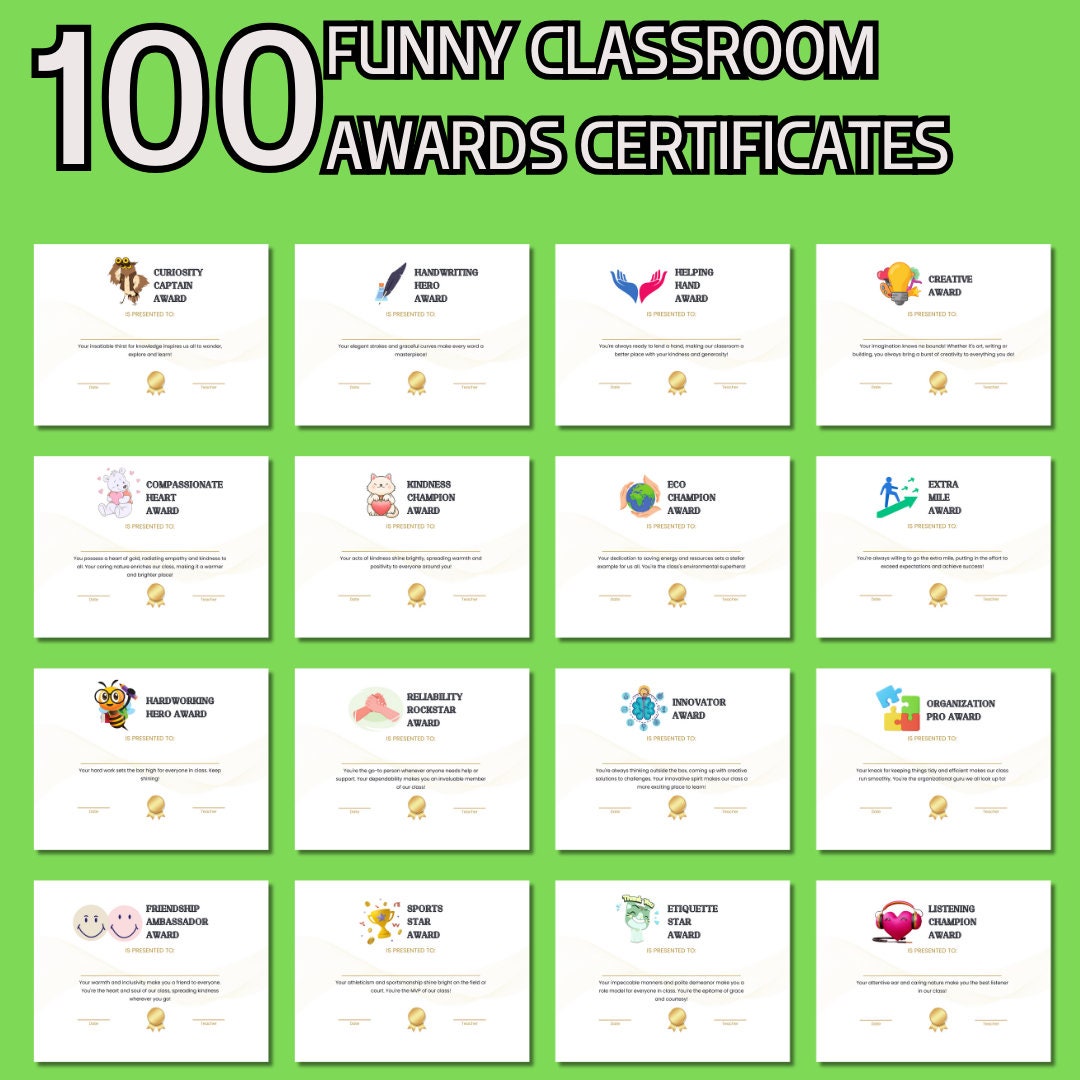 Funny Classroom Awards Certificates Editable in Canva, End of School ...