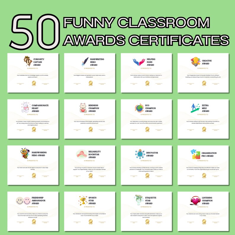 Funny Classroom Awards Certificates Editable in Canva, End of School ...