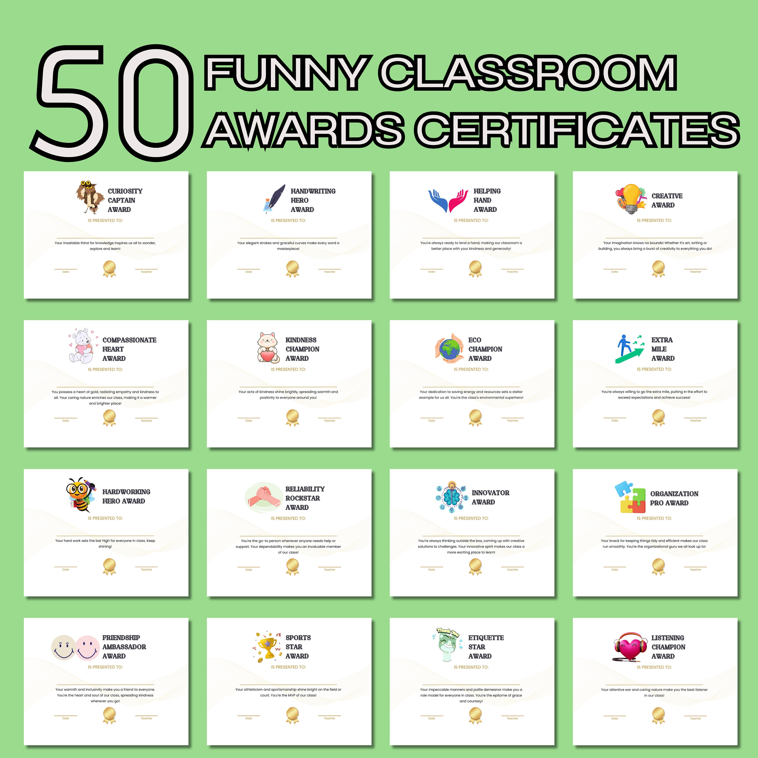 Funny Classroom Awards Certificates Editable in Canva, End of School ...
