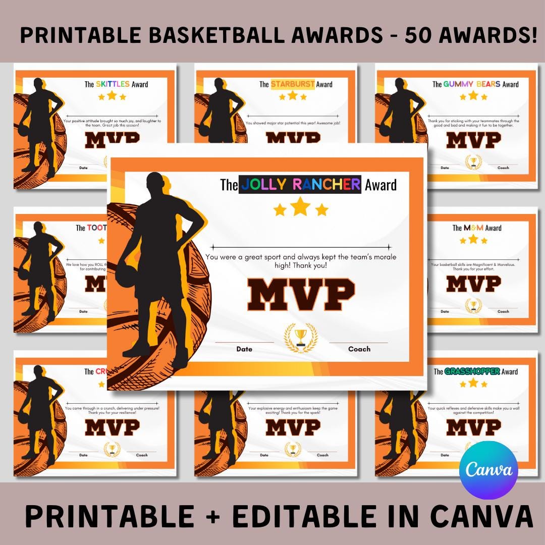 Basketball Candy Bar Awards, Printable Sports Certificates, Team Player ...