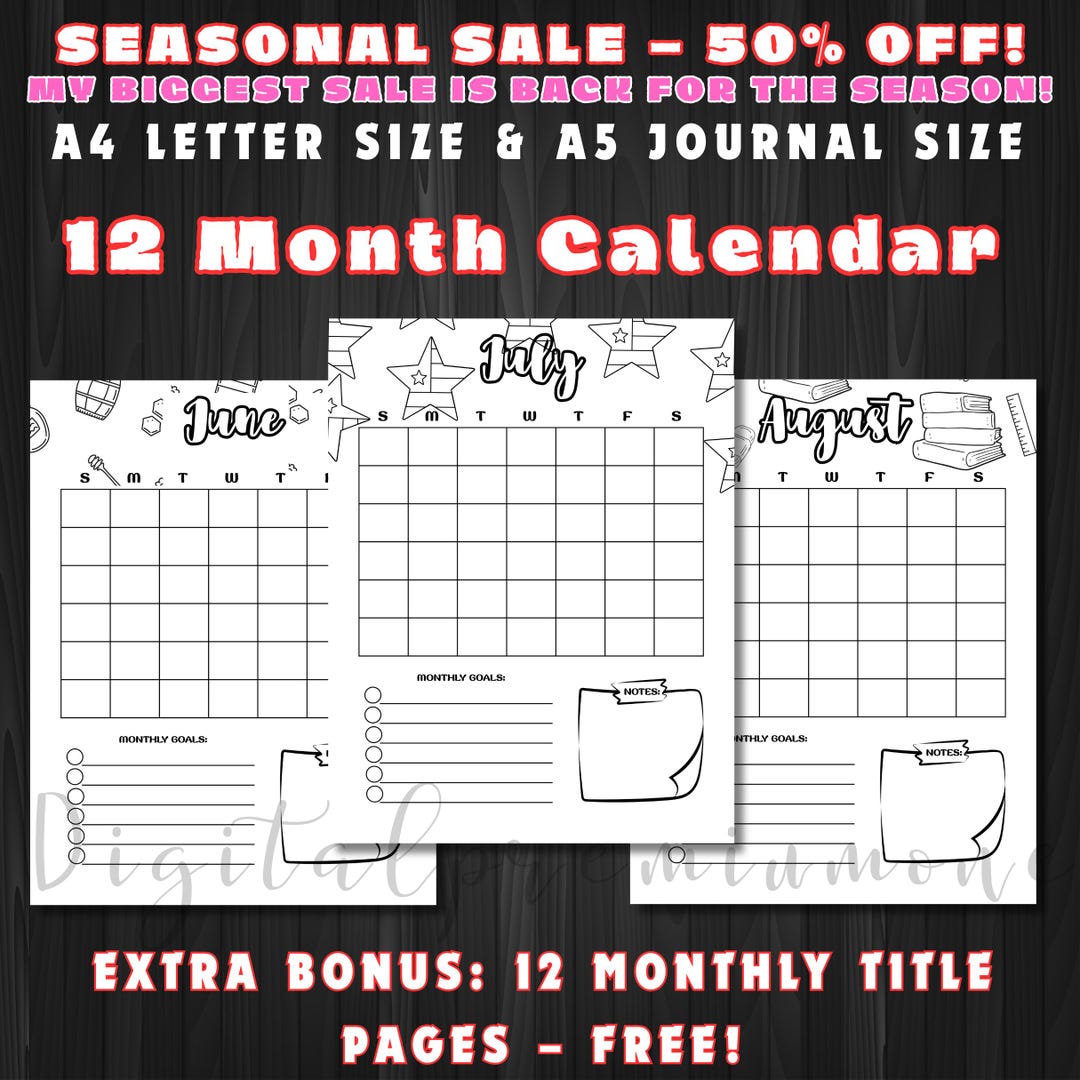Printable 12-month Calendar: Journal Planner Template (A4/A5 PDF ...