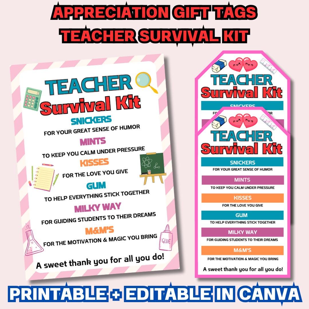 Teacher Survival Kit Gift Tag, Thank You Teacher Tag, Teacher ...