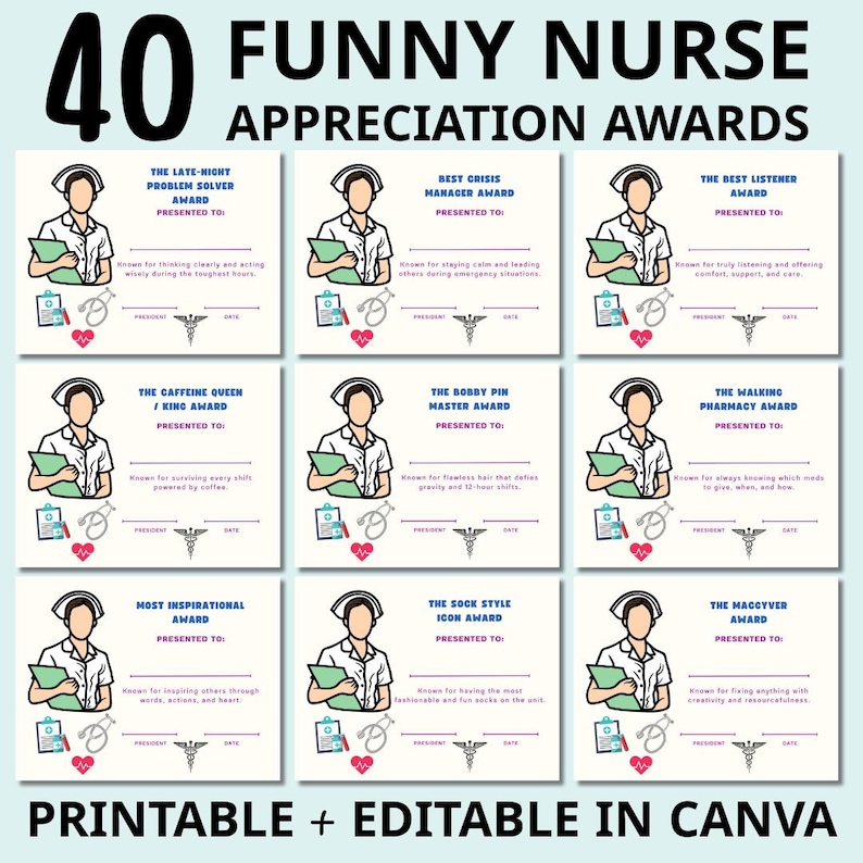 Funny Nurse Appreciation Awards: 40 Printable Certificates (editable ...