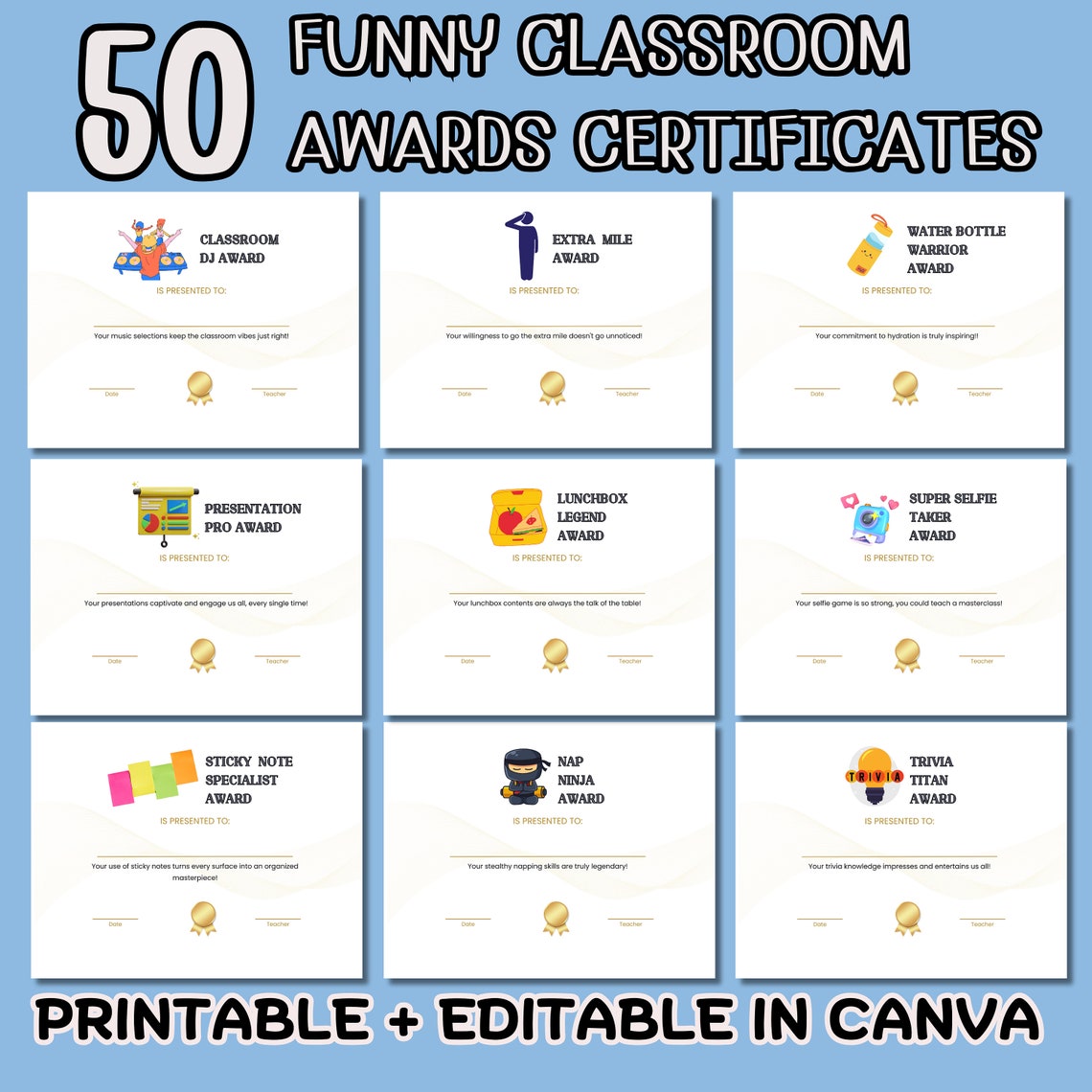 Funny Classroom Awards: 50+ Editable Certificates (canva) - Etsy