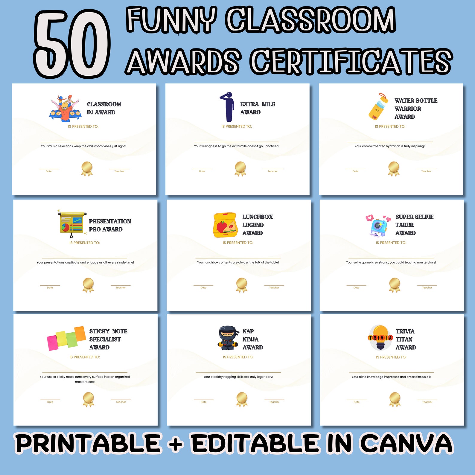 Funny Classroom Awards Certificates Editable in Canva, End of School ...