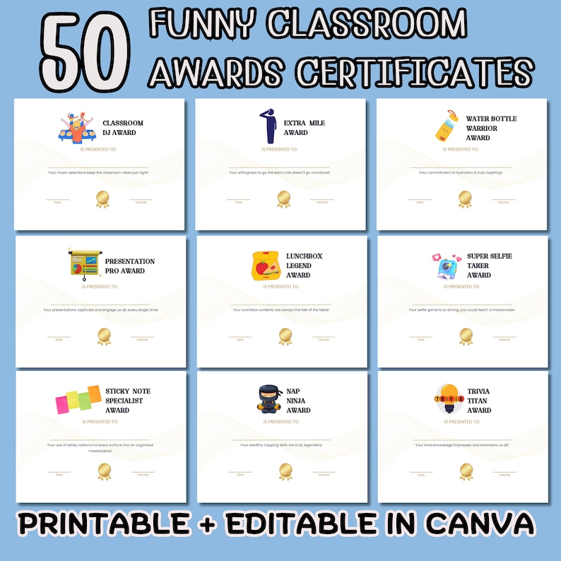 Funny Classroom Awards Certificates Editable in Canva, End of School ...